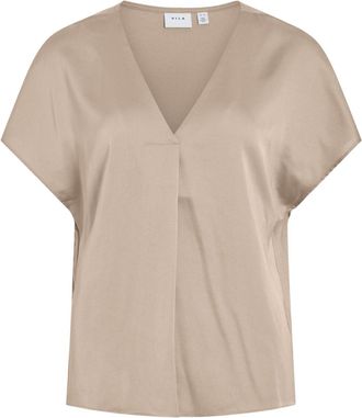 Vila Damen Viellette V-Neck S/S Satin Top-Noos Kurzarmbluse 14089239,Cement,38