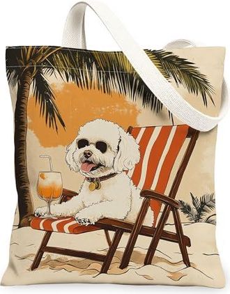 Generic Sac fourre-tout amusant en toile motif bichon fris&eacute; 33 x 38 cm, sac &agrave; bandouli&egrave;re r&eacute;utilisable pour femme, peinture danimaux domestiques, d&eacute;coration c