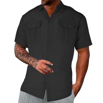 Generic Chemise daffaires boutonn&eacute;e pour homme Chemise &agrave; revers en coton et lin pour homme Chemise courte &agrave; revers en coton et lin pour homme Blanc Double man