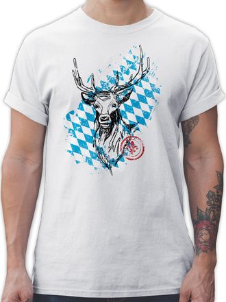 Shirtracer T-Shirt Herren - Kompatibel Oktoberfest - Hirsch mit bayrischem Wappen - 3XL - Wei&szlig; - trachtenshirt bayrische Trachtenmode t Shirt Octoberfest hirschm