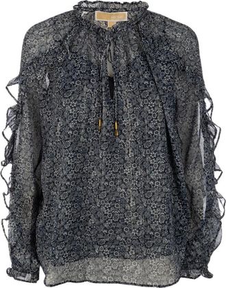 Michael Kors Femme, Blouses et Chemises, Bleu, Taille: 40 FR Ruffled Metallic Floral Georgette Blouse