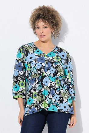 Ulla Popken Longbluse Bluse Bl&uuml;ten A-Linie V-Ausschnitt 3/4-Arm