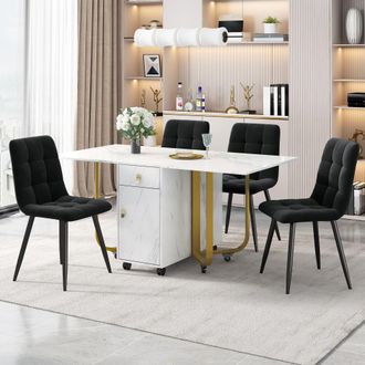 Generic Essgruppe 5-teilig - Tisch mit 4 St&uuml;hlen Set, klappbarer K&uuml;chentisch mit MDF-Platte & stabilem Metallgestell, ergonomische Polsterst&uuml;hle mit R&uuml;ckenleh