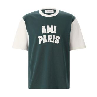 Ami T-shirt en coton &agrave; col contrastant - Homme - Tops - Vert - Taille: 2XL