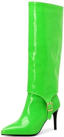 Generic Vert,41 EU,Bottes Hautes à Boucle de Ceinture Tendance pour Femmes, Bout Pointu, Talons Aiguilles, Bottes Longues à Mollet Large, Chaussures de soirée