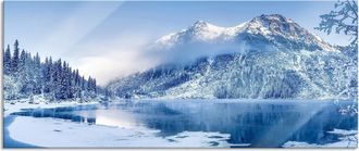 Pixxprint Glasbild Panorama, Wandbild aus Echtglas, Winterlandschaft mit gefrorenem Bergsee, 120x50 cm, inkl. Aufhängung und Abstandshalter