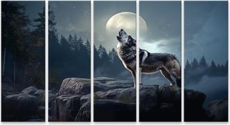 Islandburner Bild auf Leinwand wilder grauer Wolf heult den Mond an dunkler Wald voll stehender Felsen Bilder Wandbilder Poster
