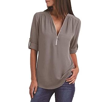 Generic T-shirts en mousseline de soie &agrave; col en V pour femmes, coupe ample, long, uni, hauts pour femmes, 2024 tendance, Y2K, W-456 Gris, 3XL