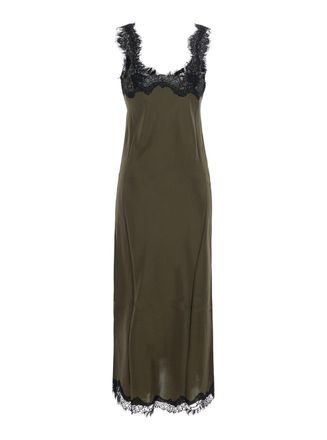 Gold Hawk Silk Slip with Lace Trim Dress - Green
