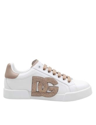 Dolce & Gabbana Low-Top Sneaker - White/Taupe Portofino Light Leather Sneakers - Gr. 37,5 (EU) - in Grau - f&uuml;r Damen