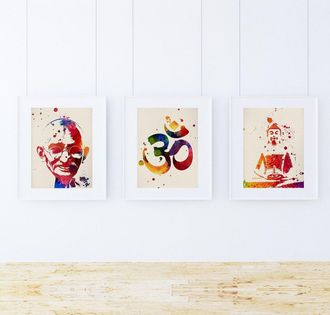 Nacnic Indien Aquarell 3-er set Poster. Wasserfarbe Stil Wanddekoration Abbildung von Ghandi, Aum und Buddha. Verschiedene mehrfarbige Indien- und Weltkultur