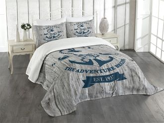 Abakuhaus Anker Tagesdecke Set, Anker Sch&auml;del Meer Seil, Set mit Kissenbez&uuml;gen Feste Farben, f&uuml;r Doppelbetten 220 x 220 cm,Marineblau Beige