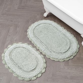 Laura Ashley Eloise Badteppich-Set aus 100% Baumwolle, oval, mit Häkelbordüre, weich und saugfähig, Meeresschaum, 43,2 x 61 cm/50,8 x 81,3 cm, Badezimmerteppiche, 