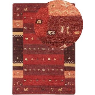 Beliani Gabbeh Teppich Dunkelrot Wolle 140 x 200 cm Rechteckig Hochflor mit Muster Weich Rustikal Modern f&uuml;r Wohnzimmer Schlafzimmer Flur