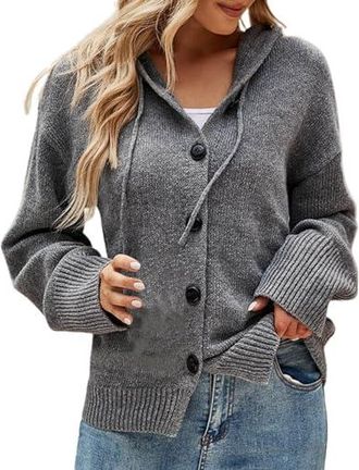 Generic 2026 Automne/Hiver Femmes Cardigan à Capuche Tricoté Manches Longues avec Boutonnage Fermeture à Cordon de Serrage Européen et Style Bordure Pull, gri