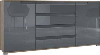 Vladon Sideboard Sylt V2, Kommode mit 2 Türen und 4 Schubladen, Korpus - Eiche Evoke/Front - Grau Hochglanz/Absetzung - Anthrazit matt (166,5 x 75,5 x 35 cm)