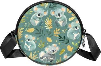 Generic Sac &agrave; bandouli&egrave;re rond pour femme, motif feuilles de koalas, petit sac &agrave; bandouli&egrave;re avec fermeture &eacute;clair, bretelles r&eacute;glables, sac &agrave; main rond d&eacute;con
