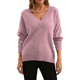 Generic Pull court à manches longues raglan double face et col en V pour femme, haut court pour lautomne ample, couleur unie, pull surdimensionné en tricot, r