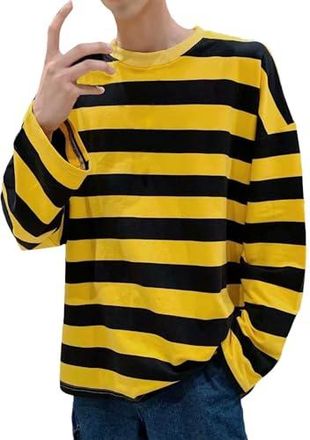 Generic Chemise ray&eacute;e pour homme, d&eacute;contract&eacute;, col rond, manches longues, pull basique, t-shirt d&eacute;contract&eacute; en coton, manches longues, col rond, t-shirt ray&eacute; 