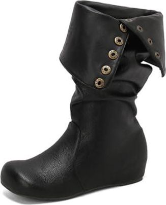 Generic Bottes Femmes Hautes Au Genou Évasées avec Boutons Décoratifs Talons Compensés Cachés Bout Rond Bottes Casual Quotidiennes De Mode,Noir,42 EU