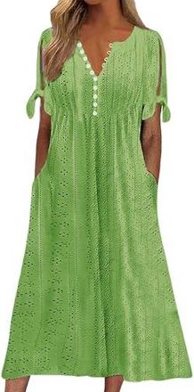 Generic Mini robe sexy en dentelle pour femme - Couleur unie - D&eacute;contract&eacute;e - Col en V - Manches courtes, vert, XXL