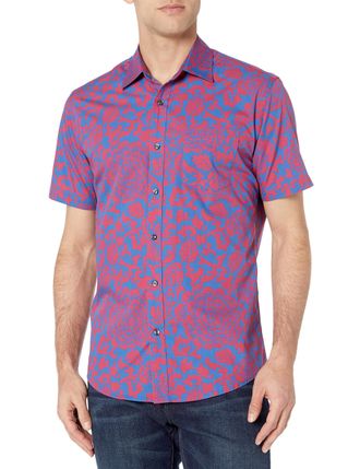 Amazon Essentials Herren Kurzärmeliges Hemd aus Popeline, Normale Passform, Blau Floral, XXL