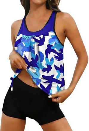 Generic Maillot de bain tankini deux pi&egrave;ces pour femme avec short boyleg - Contr&ocirc;le du ventre - Taille haute - D&eacute;bardeur de bain vintage &agrave; imprim&eacute; floral - Po