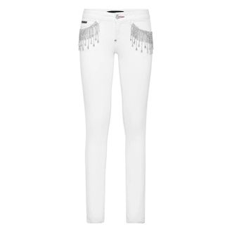 Philipp Plein Slim Fit Jeans mit Strassfransen - - Jeans - Damen - Wei&szlig; - W26
