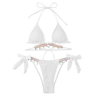Generic Ensemble de bikini push-up 2 pi&egrave;ces pour femme, dos nu, taille haute, maillot de bain triangulaire, contr&ocirc;le du ventre, v&ecirc;tements de plage, blanc, M