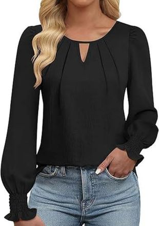 Generic T-shirts &agrave; manches longues pour femme - En dentelle - Col en V - En mousseline - Anti-plis - Haut pliss&eacute; - Poignets &agrave; volants - &Eacute;l&eacute;gant et d&eacute;contract&eacute;