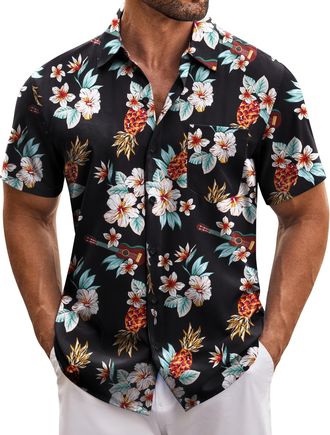 Coofandy Hawaii Hemd Männer Sommer Button Down Hemden Herren Kurzarm Casual Hawaiihemd Blumenmuster Strandhemd mit Taschen Schwarz S