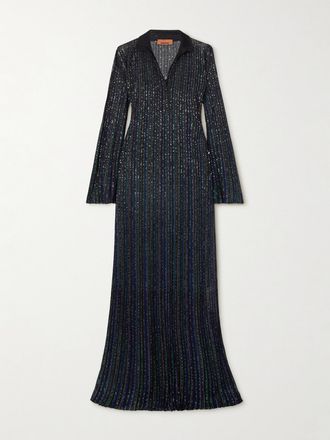 Missoni Maxikleid Aus Gestreiftem Häkelstrick Mit Pailletten - Schwarz
