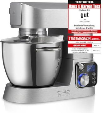 Caso KM 1200 Chef - Design Küchenmaschine, Testurteil: Sehr Gut, Aluminiumgehäuse, 6 Liter, 8 Geschwindigkeitsstufen, Spritzabdeckung mit Einfüllöffnung