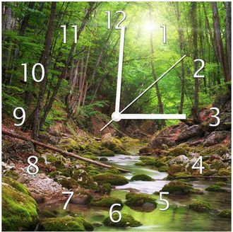 Wallario Design-Wanduhr Fluss im Wald aus Glas, Motiv-Uhr Gr&ouml;&szlig;e 30 x 30 cm, wei&szlig;e Zeiger