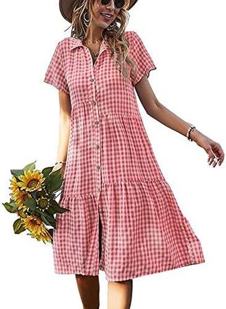 Lazutom Robe de plage dété pour femme - Robe midi longue vichy boutonnée, rose, 24