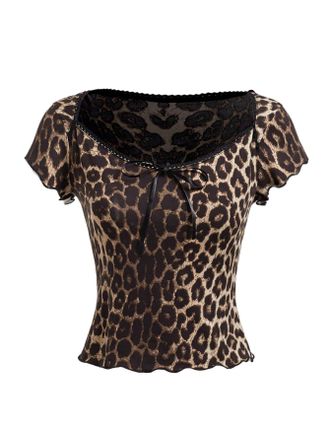 SOLY HUX Damen T-Shirt Sommer Kurzarmshirt mit Leopardmuster Y2K Oberteil Leoprint Casualshirt Sommershirt mit U Ausschnitt Leo L