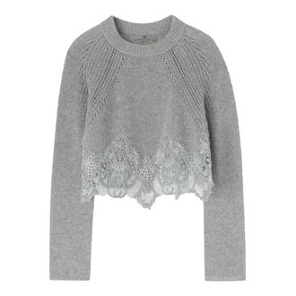 Ermanno Scervino Femme, Pulls, Gris, Taille: 36 FR Pull Court en Cachemire Pur avec Incrustation de Dentelle Rebrod&eacute;e