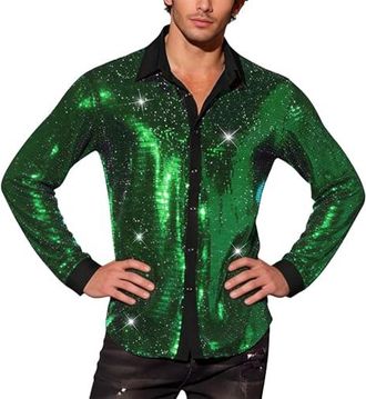 Generic Chemise &agrave; paillettes pour homme - &Agrave; manches longues et paillettes - Costume disco des ann&eacute;es 70 et 80 - Style r&eacute;tro - Pour f&ecirc;te, discoth&egrave;que, nouvel a