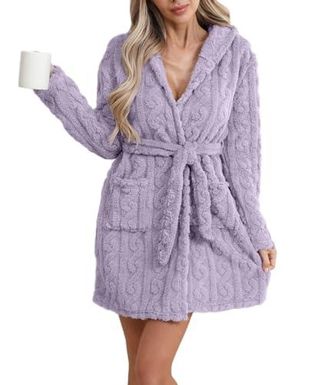 Generic Peignoir court en polaire pour femme avec capuche, violet, XL