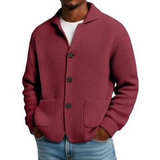 Generic Cardigan en tricot &eacute;pais pour homme avec col en V boutonn&eacute; et col ch&acirc;le gaufr&eacute; en coton tricot&eacute; &agrave; revers &eacute;pais - Pull &agrave; manches longues de couleur uni