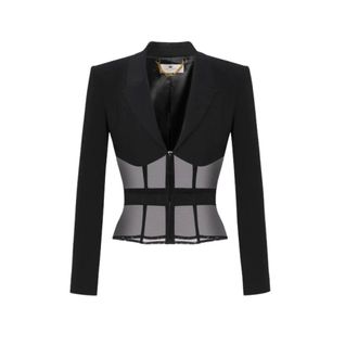 Elisabetta Franchi Femme, Vestes, Noir, Taille: 42 FR Veste Noire en Cr&ecirc;pe avec Inserts en Tulle