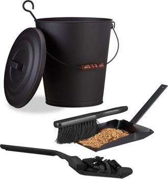 Relaxdays 3 TLG. Kaminreinigungs-Set, Ascheeimer mit Deckel, Kohlenschaufel flach, Kehrgarnitur Stahl, 24 Liter, Henkel, schwarz