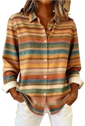 Generic Chemise &agrave; manches longues &agrave; carreaux pour femme - Grandes tailles - Col en V - Boutonni&egrave;re - Chemisier boutonn&eacute; - Coupe ample - T-shirt &agrave; manches long