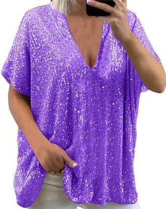 Onsoyours Femme Chemisier Chic Blouse Mode Brillant Manches Longues O Neck Slim Shirt Solide Casual Pull Tops A Violet 58
