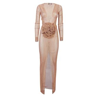 Santa Brands Beige Blumiges V-Ausschnitt Langarm Kleid - - Dresses - Damen - Beige - ONE SIZE