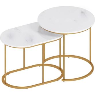 Soges Lot de 2 Table Gigognes Salon, Table dappoint, Table Basse Ronde de Canap&eacute; avec Cadre en M&eacute;tal Dor&eacute; pour Salon Balcon Terrasse et la Chambre,Blanc