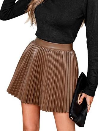 Cupshe Mini jupe pliss&eacute;e en similicuir taille haute pour femme - Jupe patineuse &eacute;vas&eacute;e - Automne et hiver, marron, L