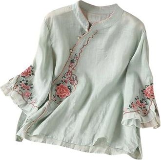 Generic Chemisier brod&eacute; en lin pour femme - Style boh&egrave;me - Manches 3/4 - Haut floral - Tunique hippie &agrave; volants sur le devant pour femmes &acirc;g&eacute;es - Printemps vi