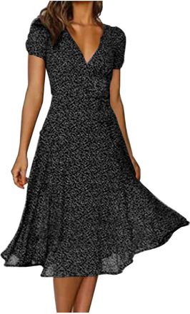 Generic Damen Sommerkleid Kurzarm V-Ausschnitt Wickelkleid Knielang Kleid Blumendruck A-Linie Kleid Midikleid Partykleid Freizeitkleid Strandkleider