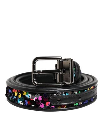 Dolce & Gabbana Mens Black Sequin Embellished Metal Buckle Belt Polyester Leather